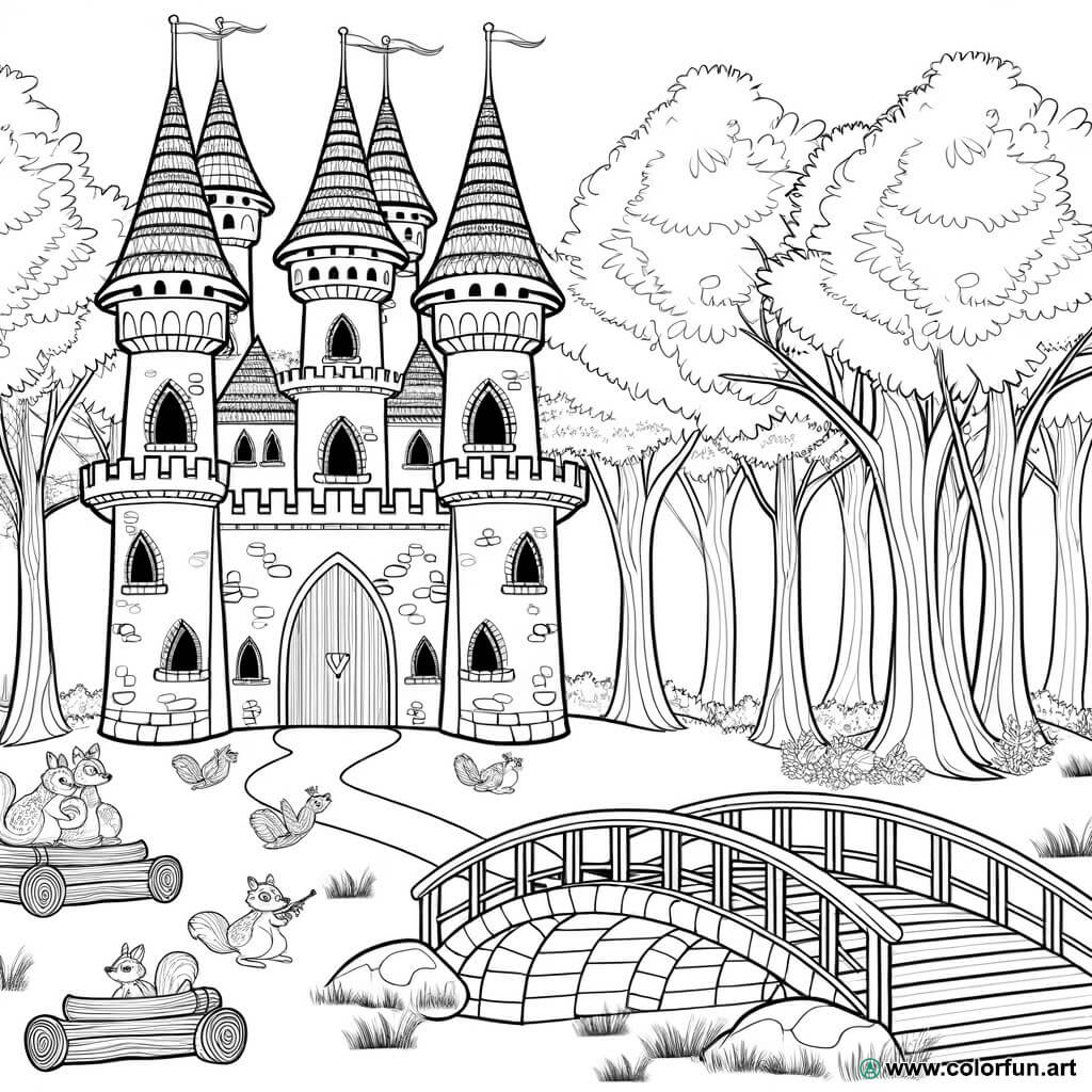 Dibujo para colorear de un castillo en el bosque Descargar o Imprimir ...