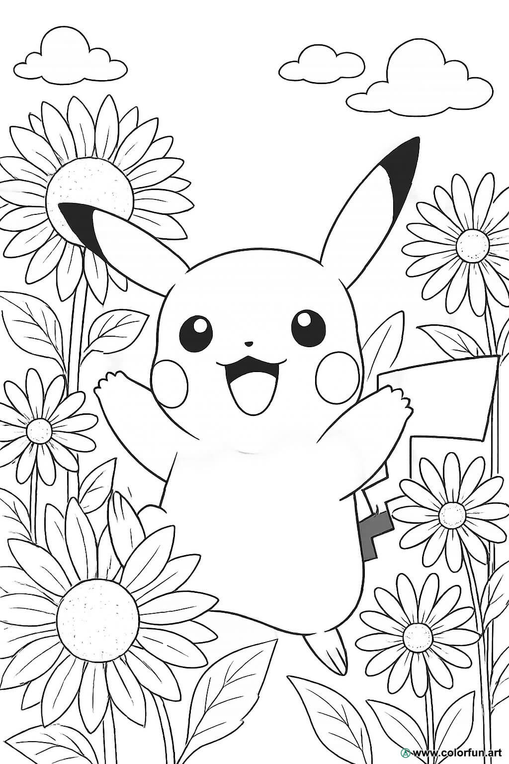 Dibujo para colorear de Pikachu con flores Descargar o Imprimir de ...