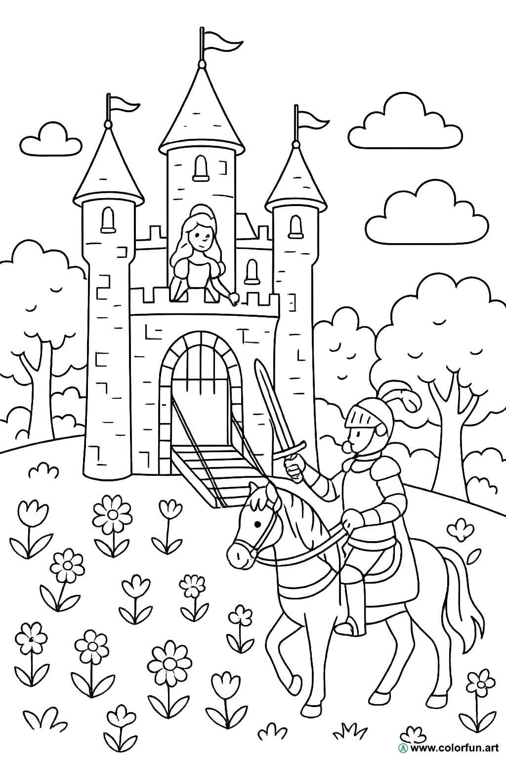 Coloriage de château avec princesse et chevalier à Télécharger ou à ...