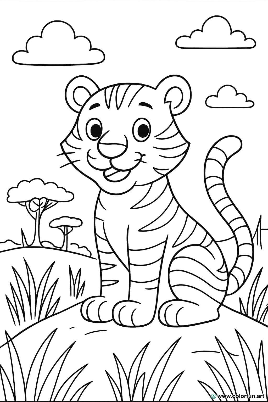 Coloring page of a tiger in the savannah Download or Print for free
