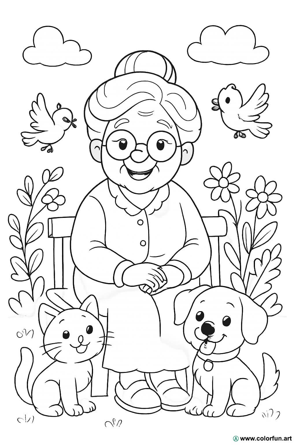 Ausmalbild von Oma und Tieren Kostenloser Download oder Ausdruck verfügbar.