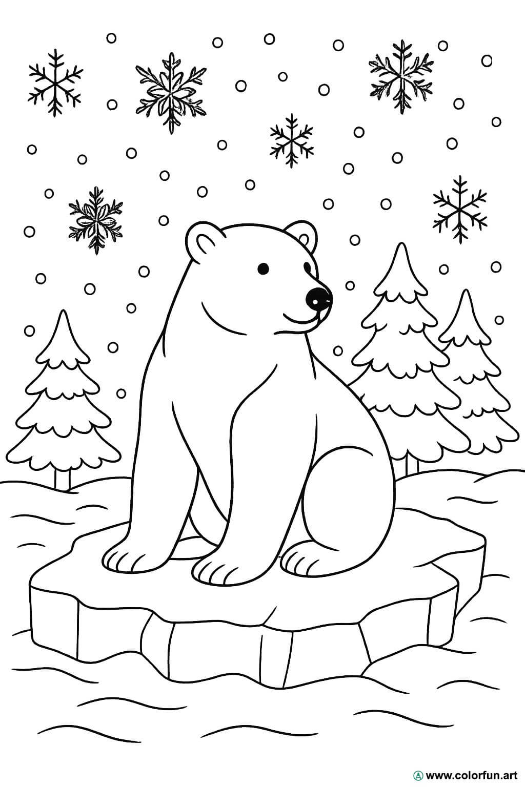 Planșă de colorat cu un urs polar în iarnă Descărcați sau tipăriți gratuit