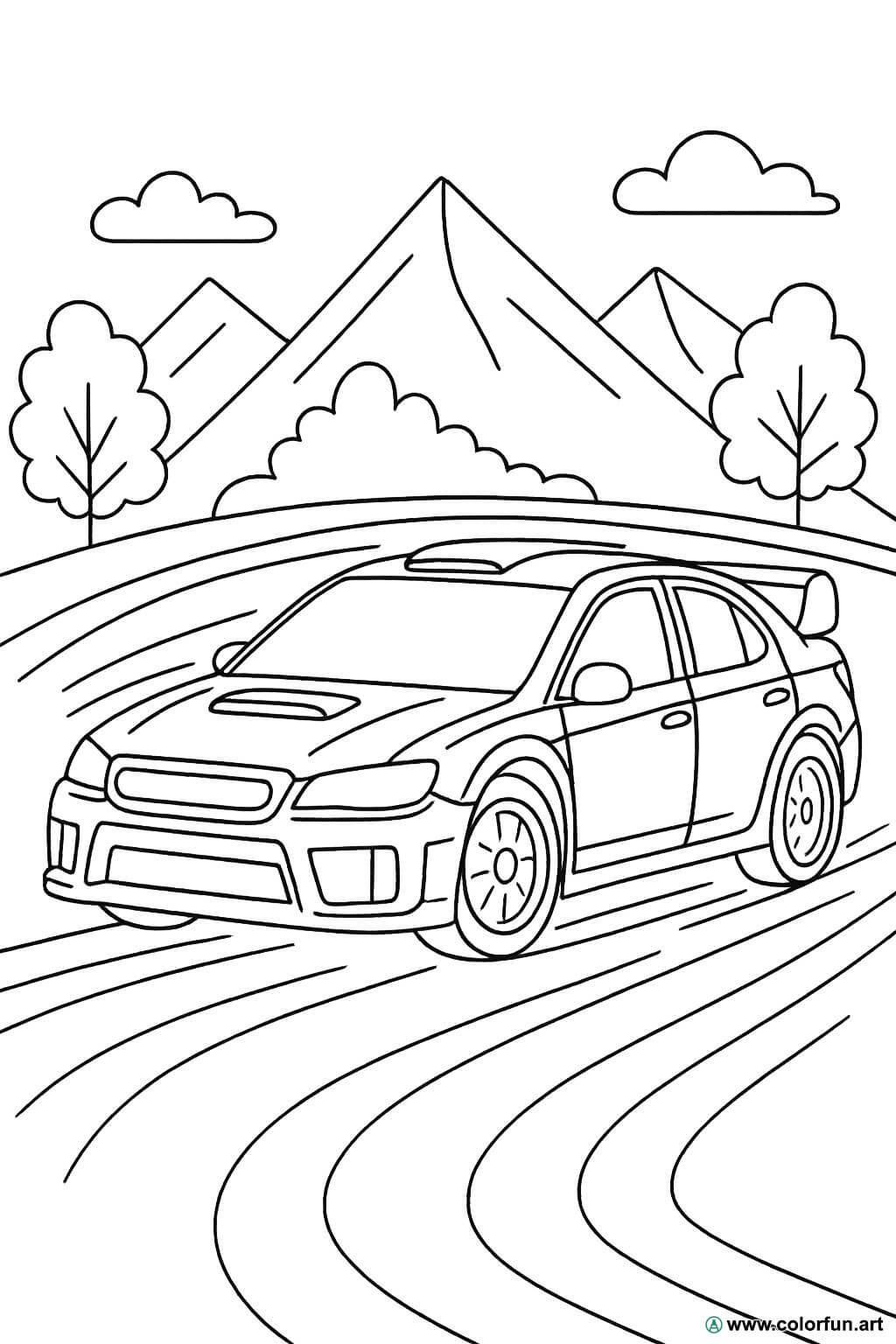 Rally sports car coloring page on a racetrack Download or Print for free
