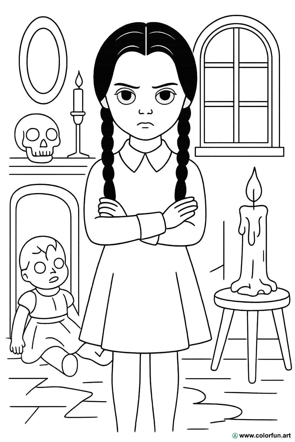 Detailed coloring page of Wednesday in the Addams Family Download or ...