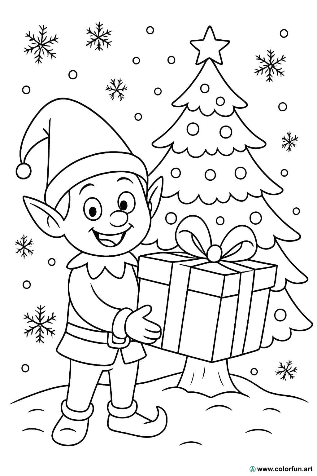 Coloriage de cadeau de Noël sur le thème des lutins à Télécharger ou à ...