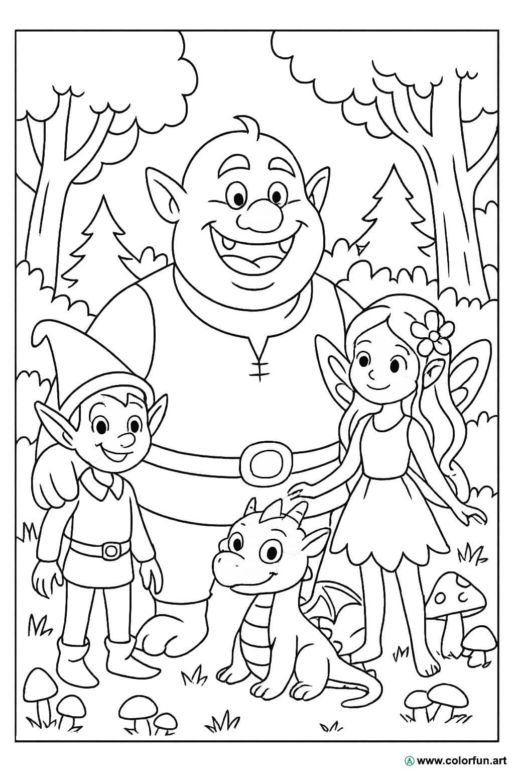Coloring page of the ogre and his friends Download or Print for free