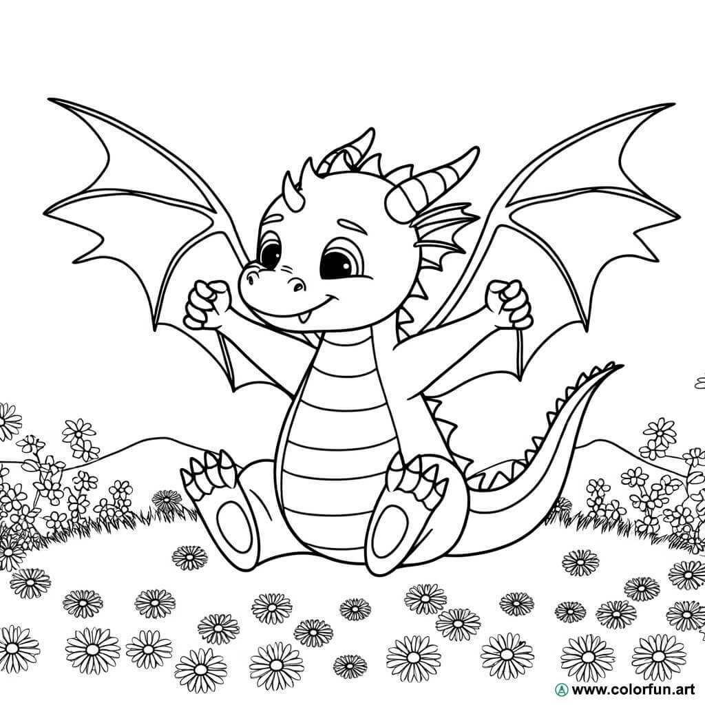 Coloring page of a baby dragon with flowers Download or Print for free