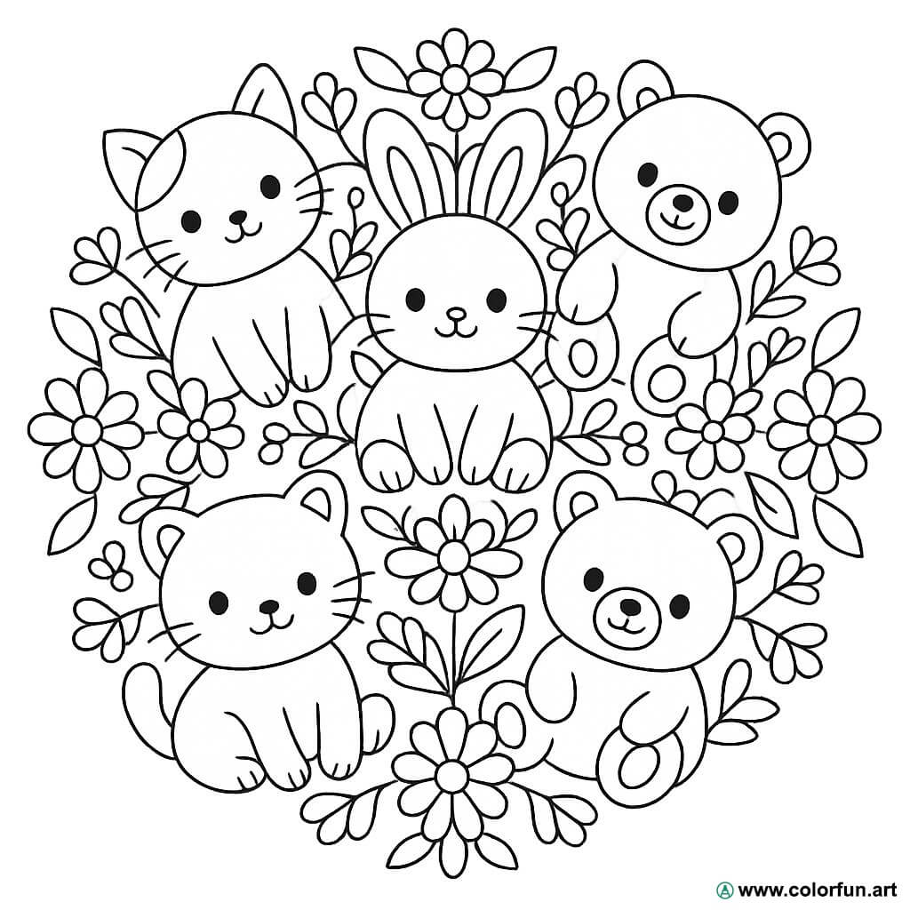 Cute animal mandala coloring page with flowers Download or Print for free