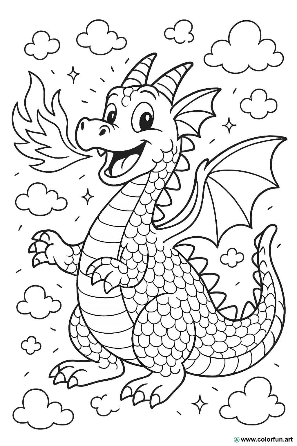 Planșă de colorat cu un dragon în flăcări Descărcați sau tipăriți gratuit