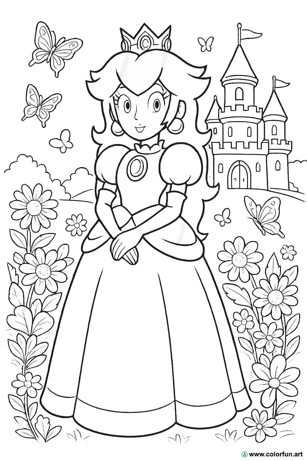 Princess Peach coloring page in the garden Download or Print for free