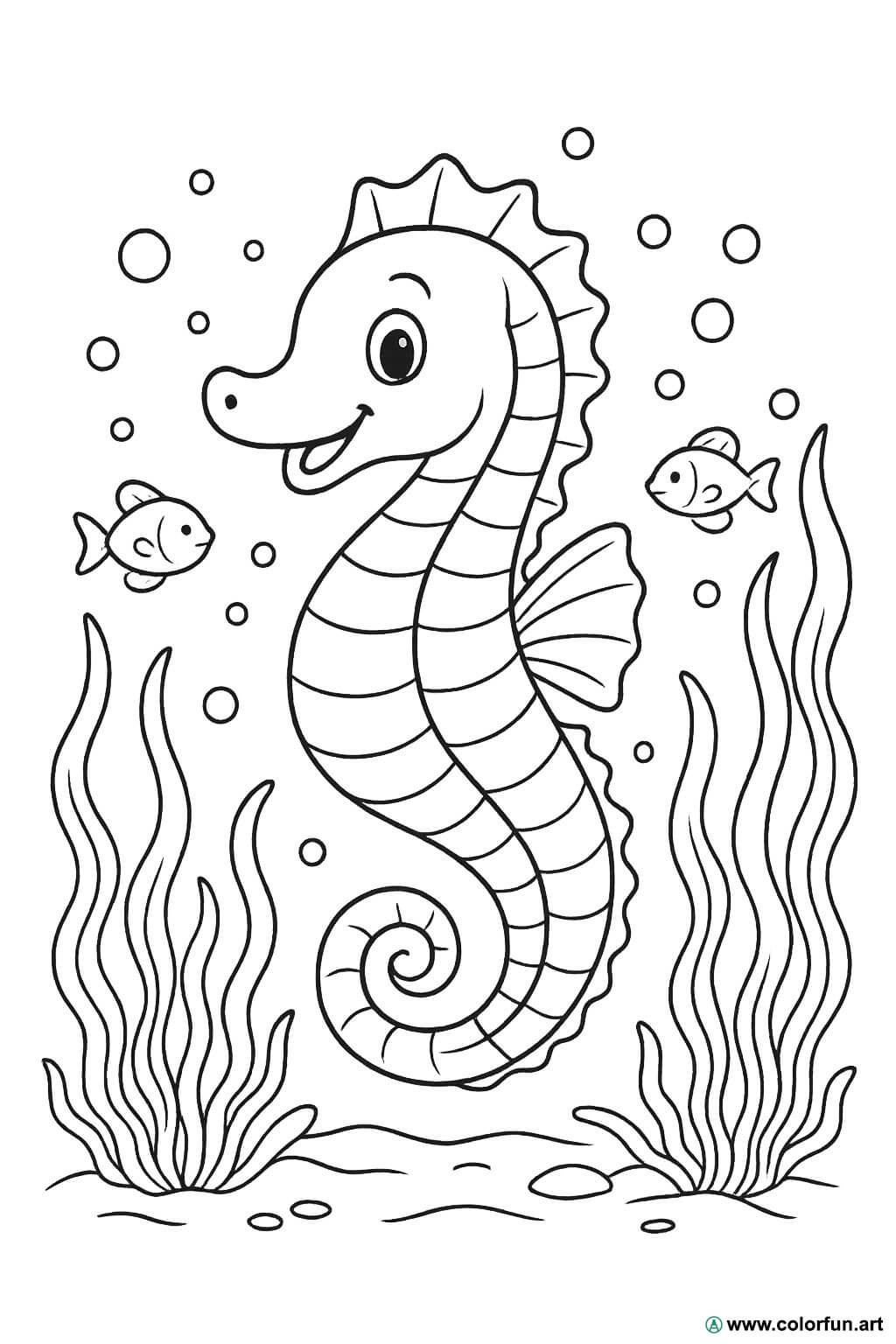 Coloring page of the seahorse in the ocean Download or Print for free