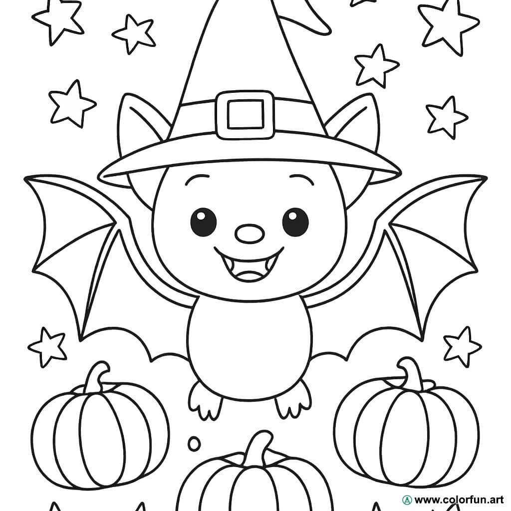 Halloween coloring page with a bat and a hat Download or Print for free