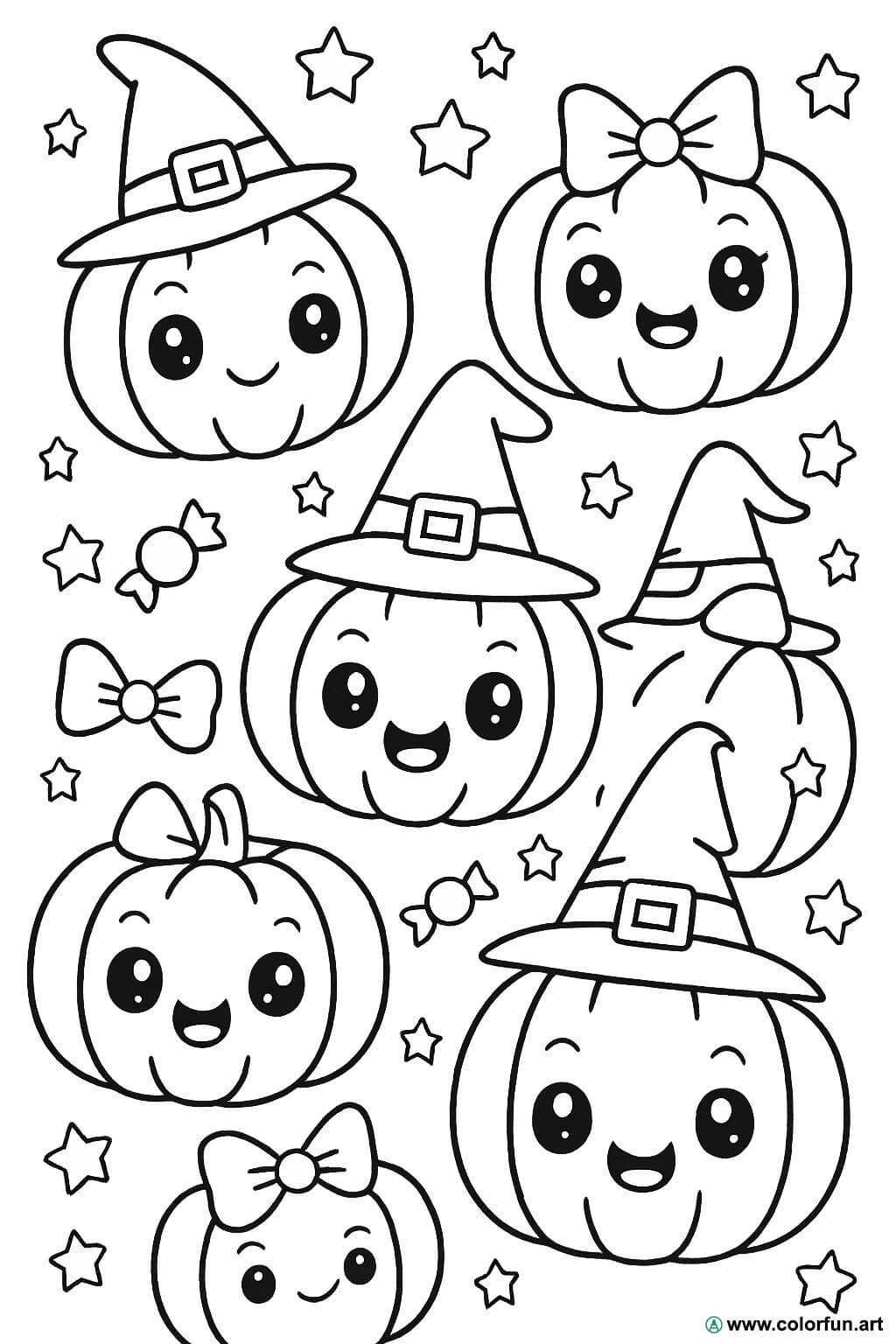 Dibujo para colorear de calabazas sonrientes kawaii para Halloween ...