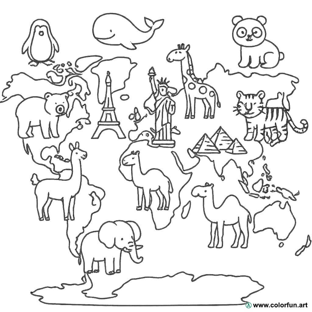 Simple world map coloring page Download or Print for free