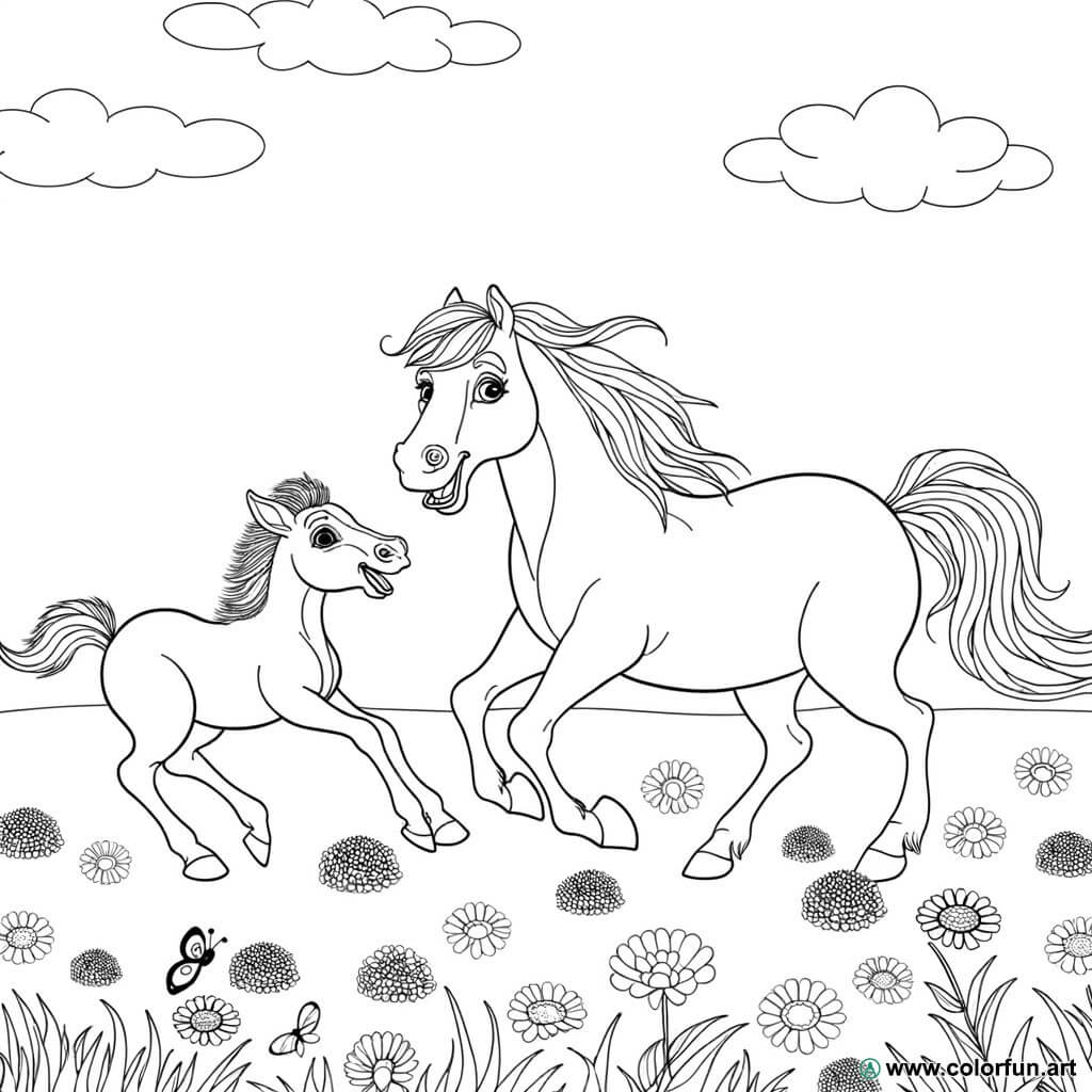 Coloriage de cheval et poulain dans les champs à Télécharger ou à ...