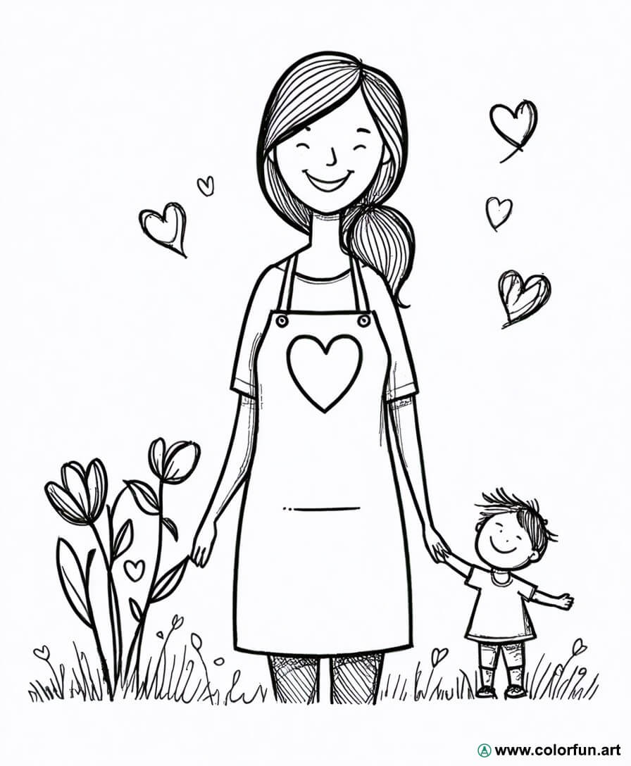 Coloriage de maman avec un cœur à Télécharger ou à Imprimer gratuitement
