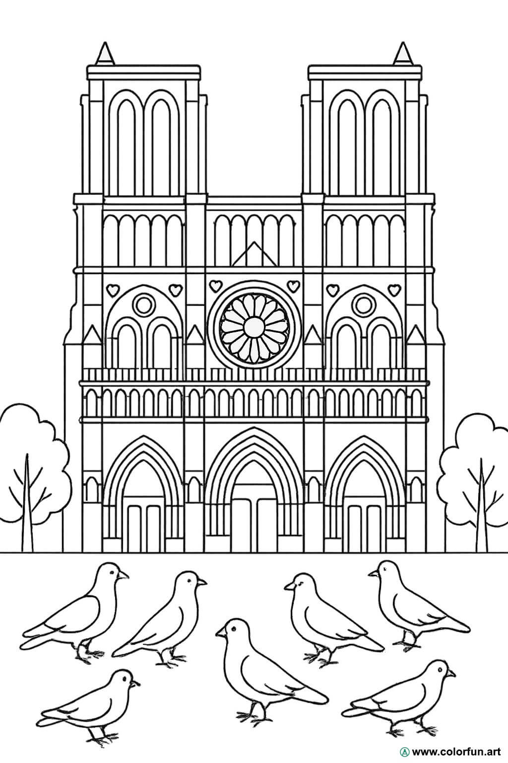 Coloring page of Notre-Dame Cathedral in Paris Download or Print for free