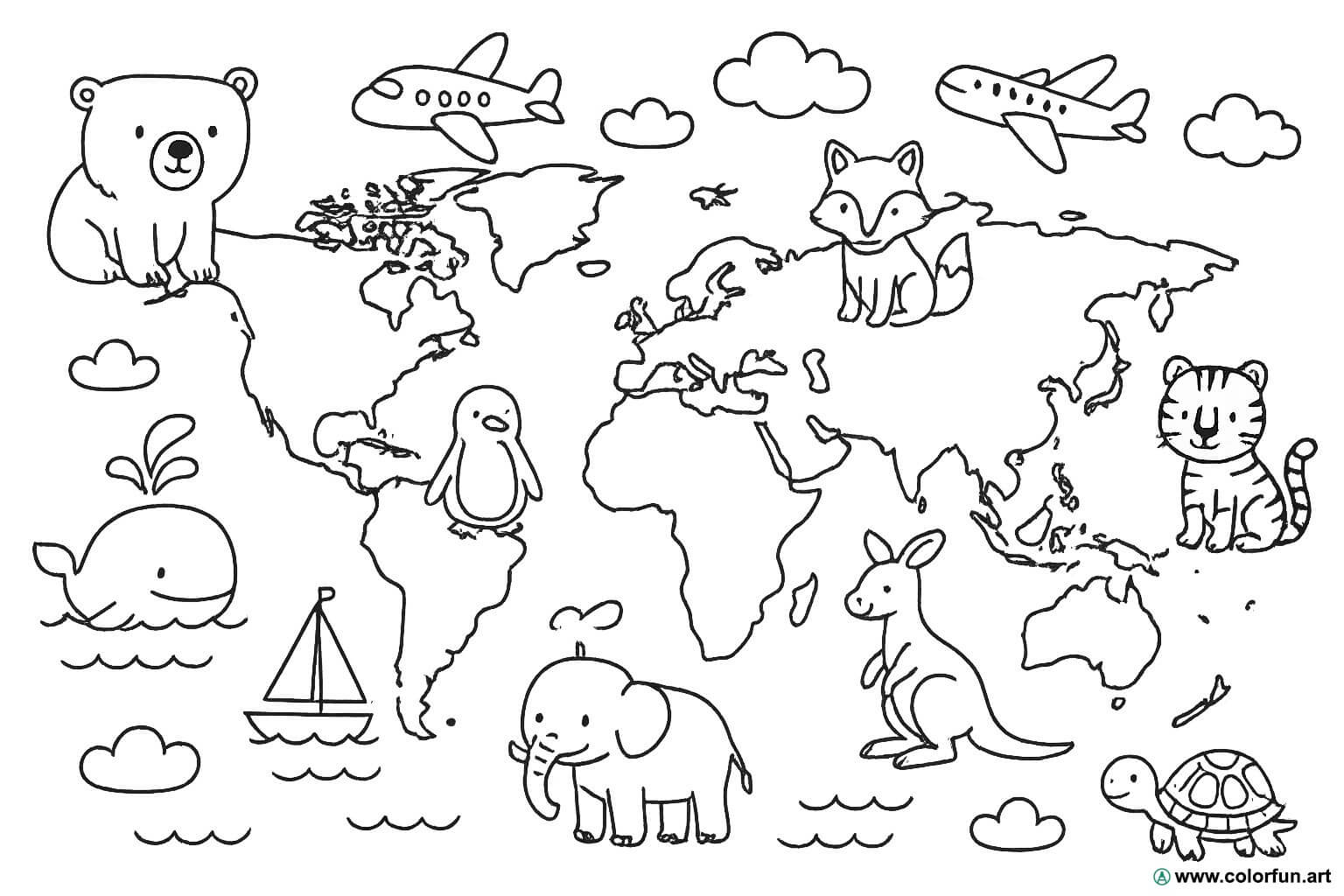 Desenhos para colorir do mapa-múndi para personalizar Para Baixar ou ...