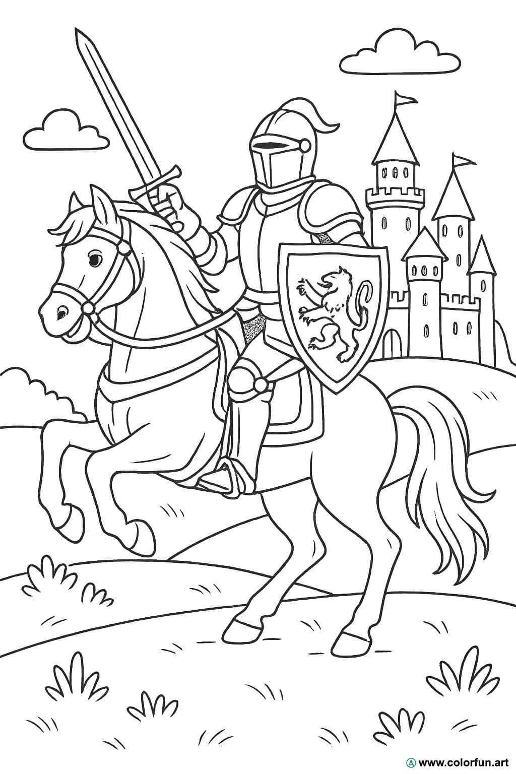Coloriage d'un chevalier à cheval à Télécharger ou à Imprimer gratuitement
