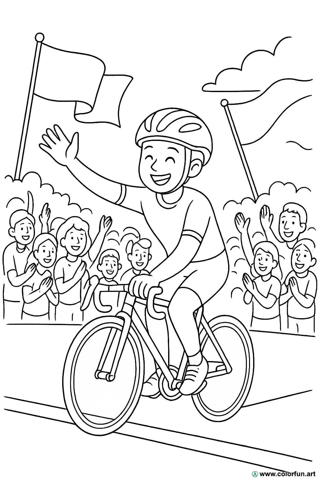 Coloring page of the cyclist at the finish line Download or Print for free