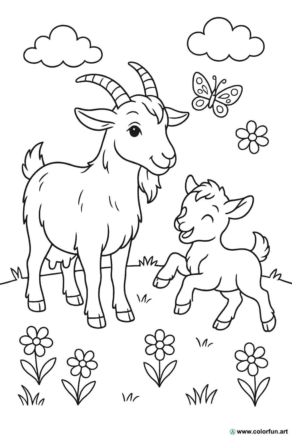 Coloriage de chèvre avec un bébé à Télécharger ou à Imprimer gratuitement