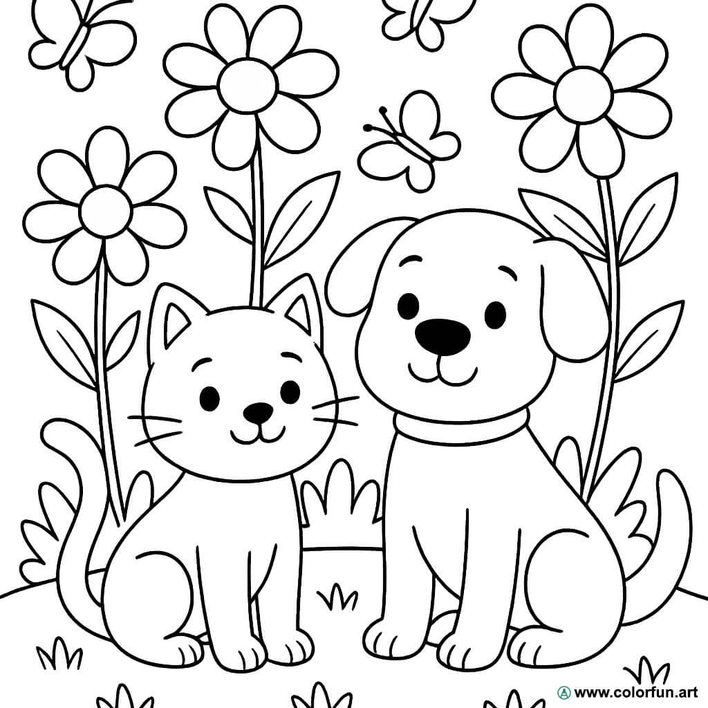 Dibujo para colorear de gato y perro con flores Descargar o Imprimir de ...