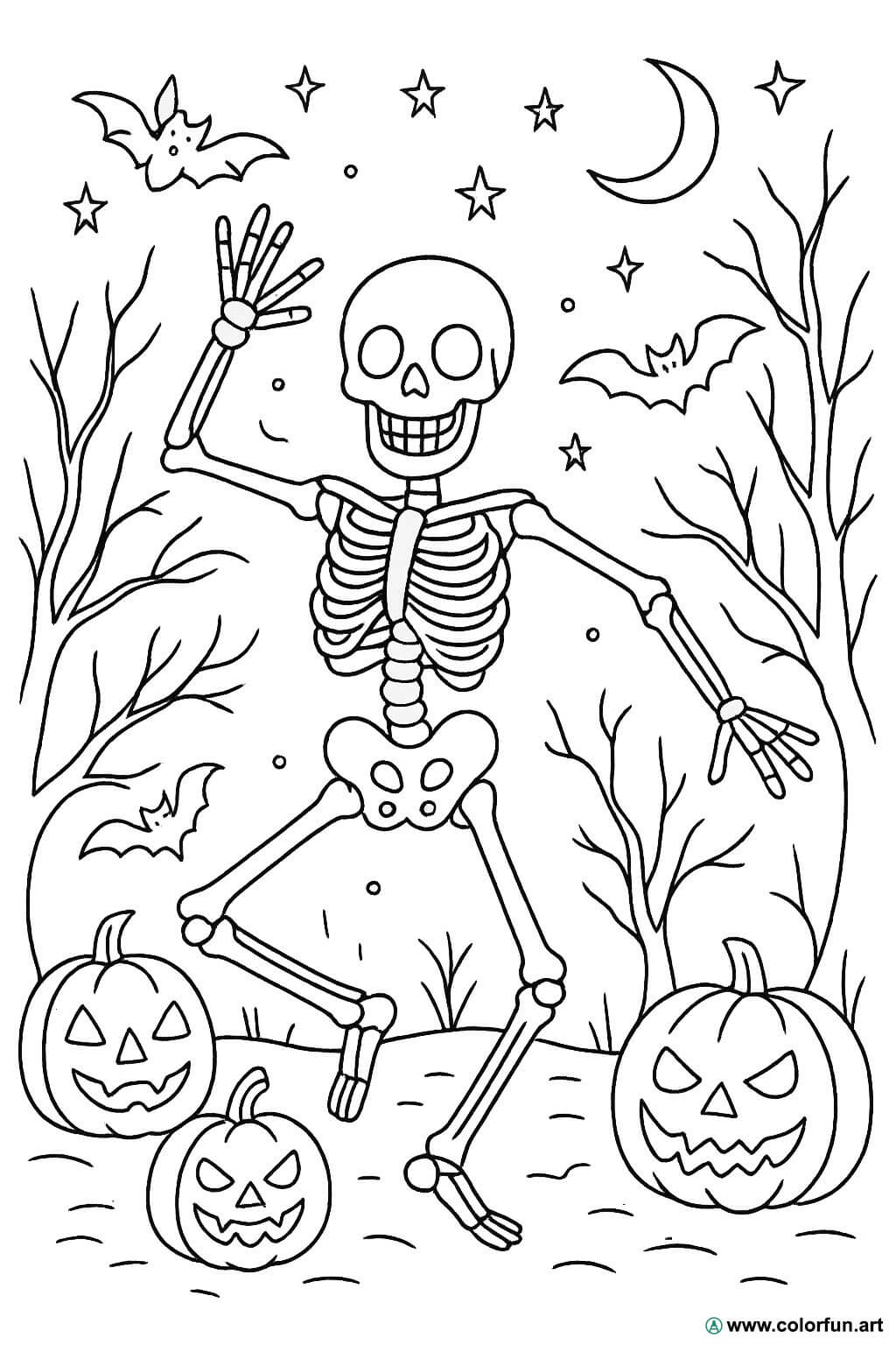 Coloring page of a scary dancing skeleton Download or Print for free