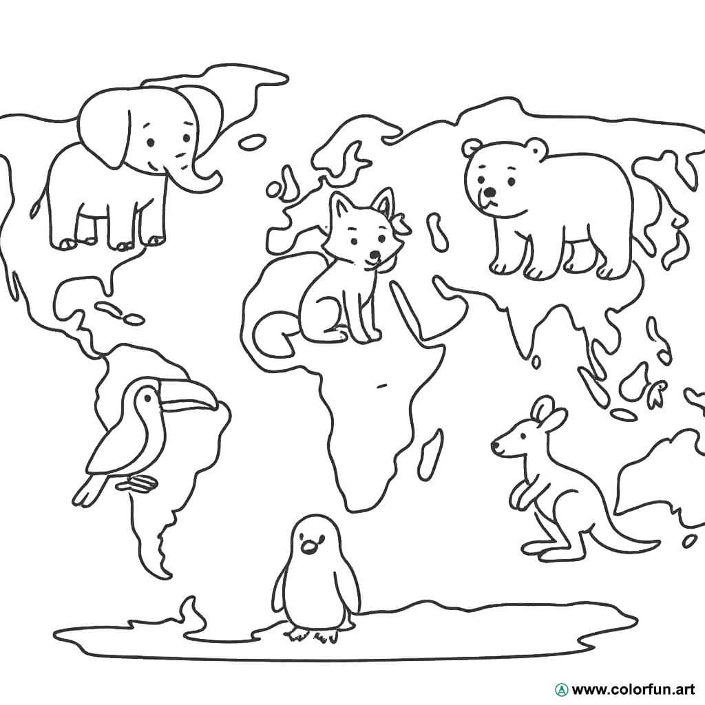Planșă de colorat a hărții lumii cu animale Descărcați sau tipăriți gratuit