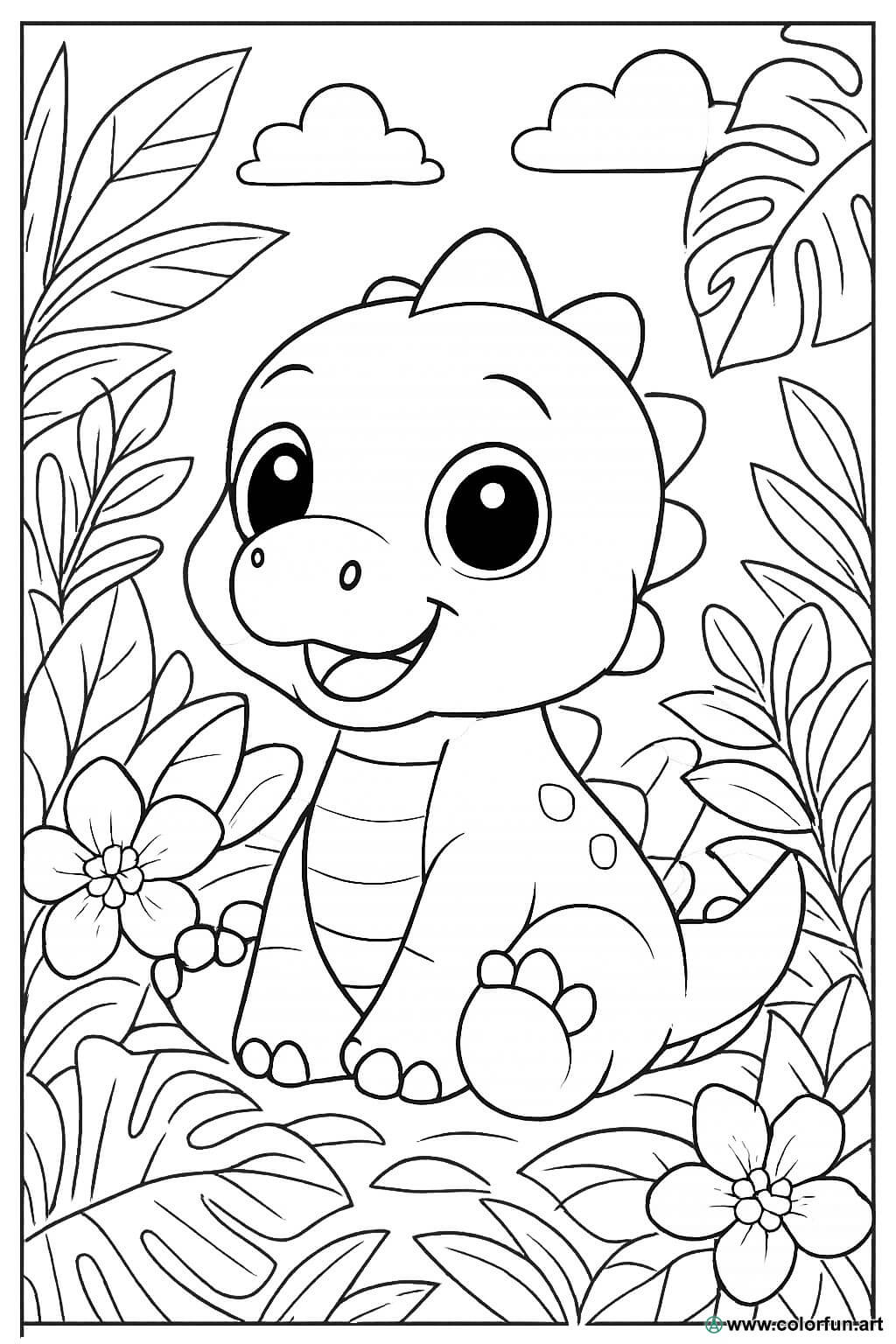 Coloring page of a baby dinosaur in the jungle Download or Print for free
