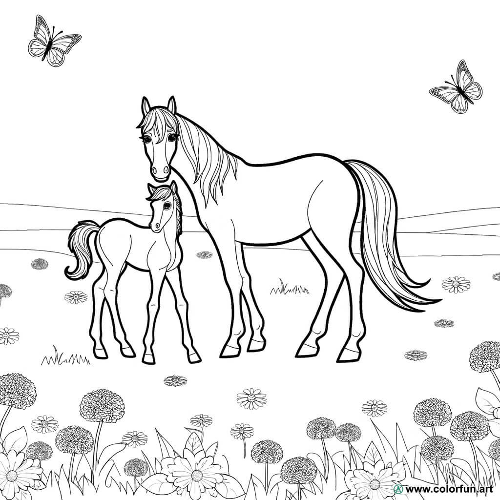 Coloriage de cheval et poulain avec des fleurs à Télécharger ou à ...