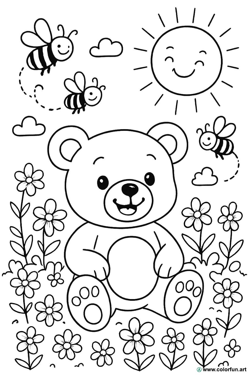 Teddy bear coloring page with flowers Download or Print for free