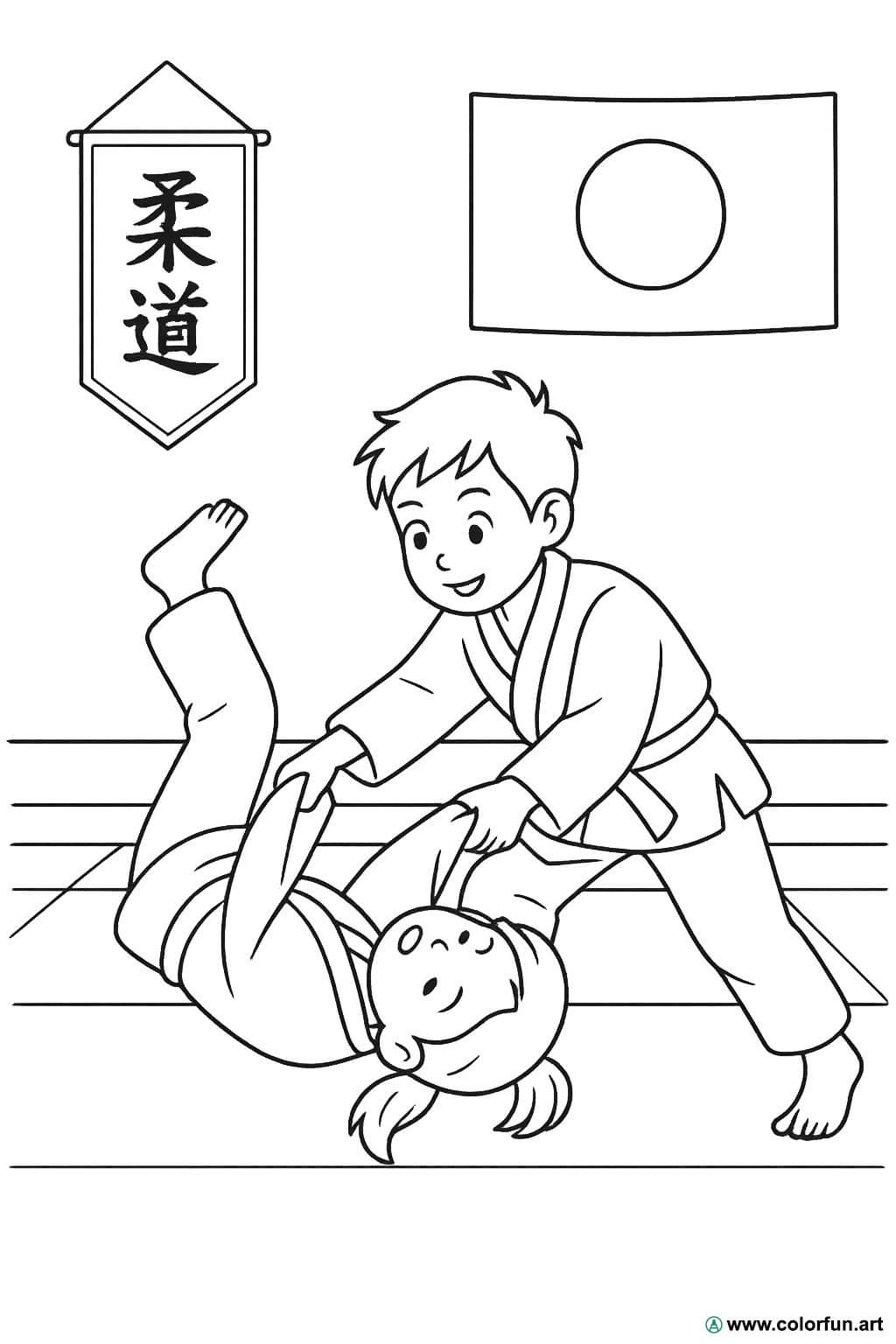 Coloring page of a judo throw to the ground Download or Print for free