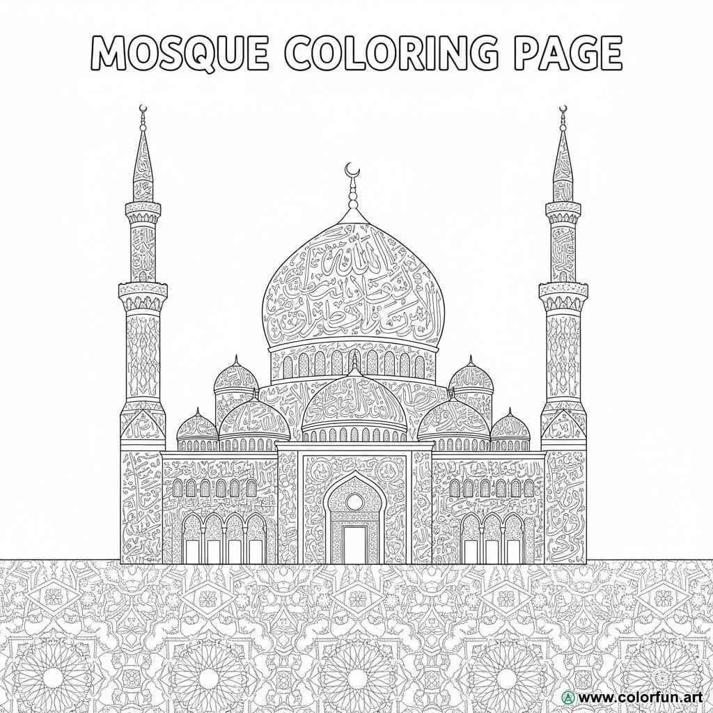 Mosque coloring page with arabesque motifs Download or Print for free