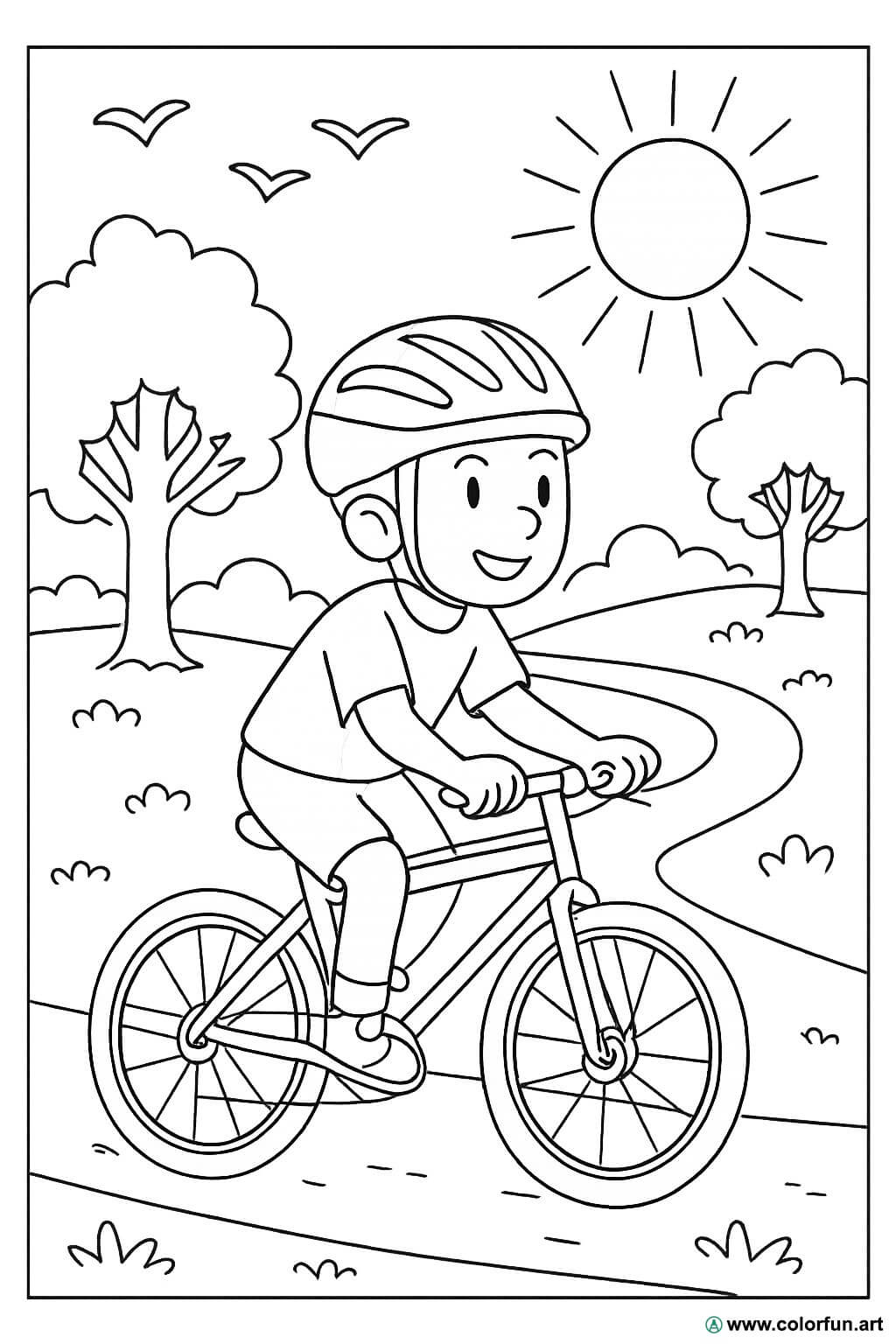 Coloring page of a cyclist in a landscape Download or Print for free