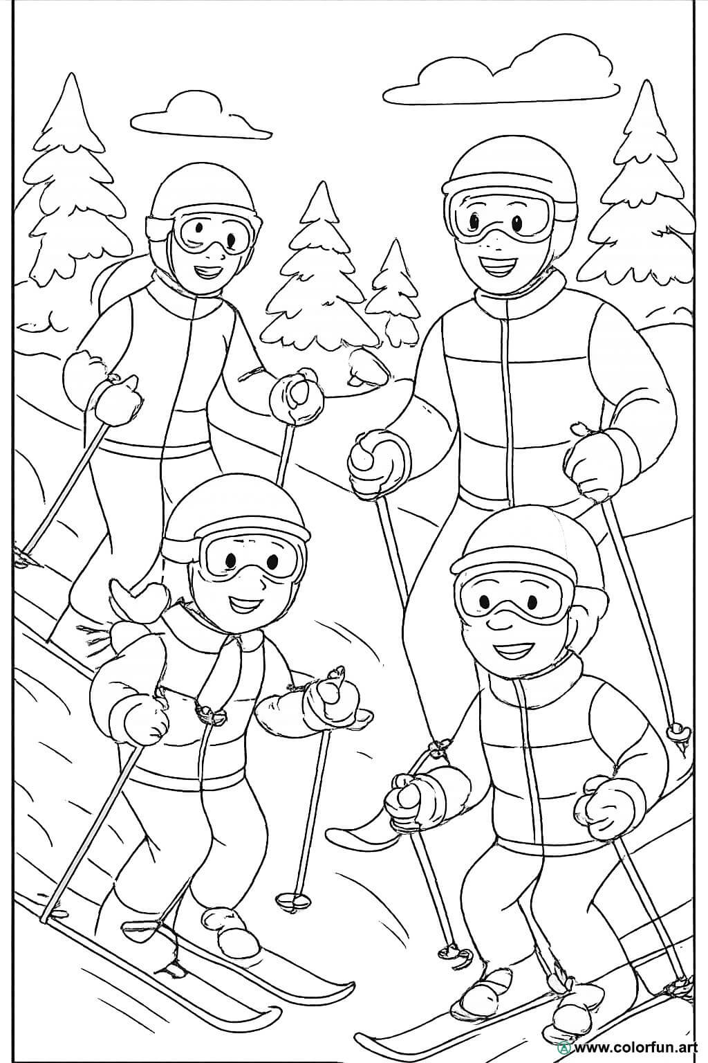 Family skiing coloring page Download or Print for free