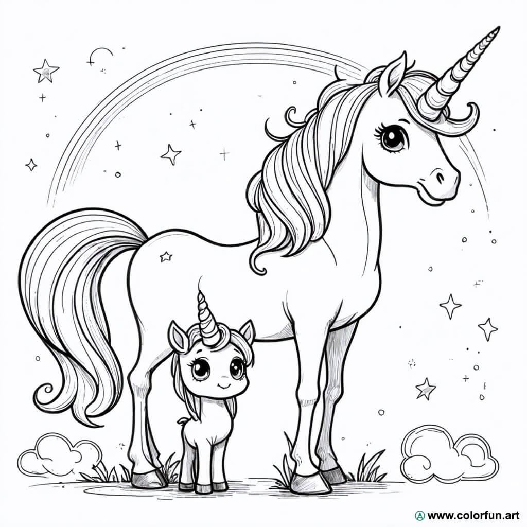Planșă de colorat cu mama și bebelușul unicorn Descărcați sau tipăriți ...