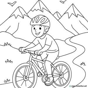 Coloring page of a cyclist in a landscape Download or Print for free