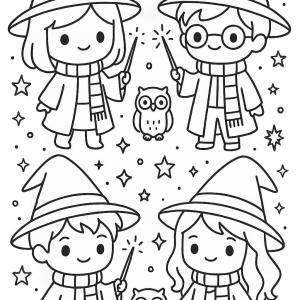 Kawaii Harry Potter magical scenes coloring page Download or Print for free